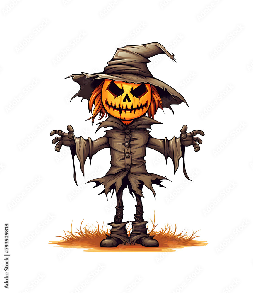 Frightening cartoon scarecrow with a jack-o'-lantern head, tattered ...