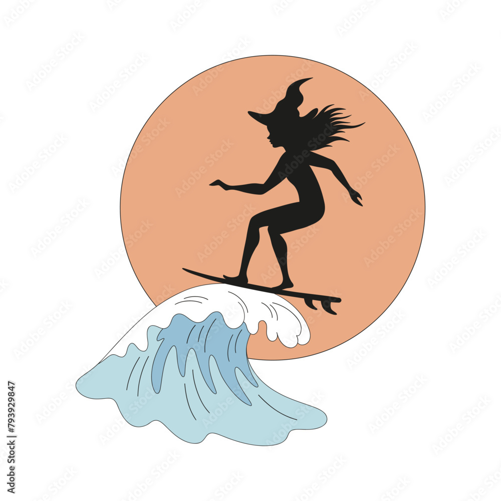Retro groovy female witch silhouette on the crest of a wave on ...