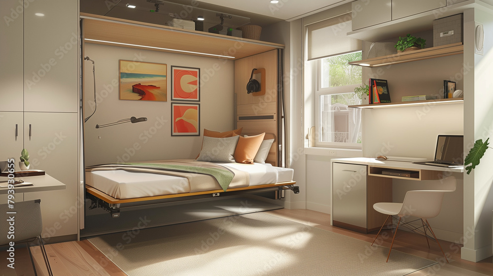 A studio apartment with modular furniture pieces that transform ...