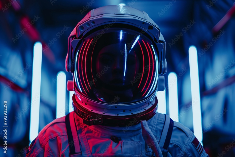 Detailed view of an astronaut in a space helmet backlit by neon lights ...