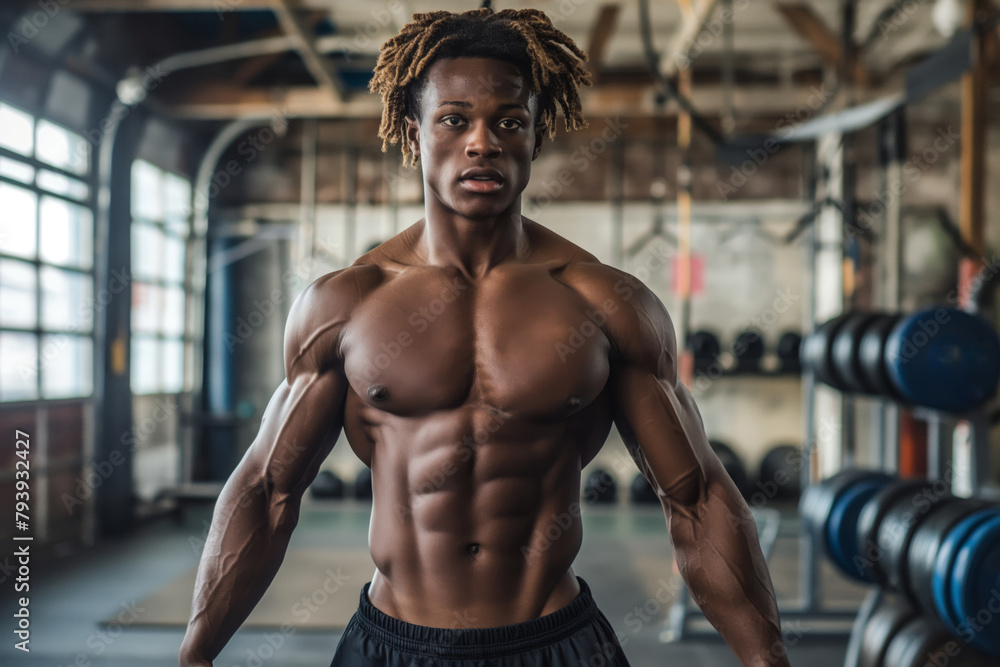 Confident young bodybuilder with impressive muscles posing in a gym ...