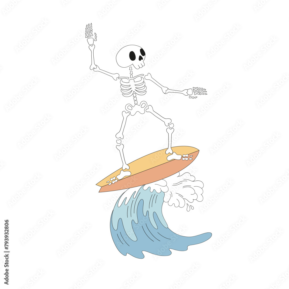 Retro groovy cartoon skeleton surfing on the crest of a foamy wave ...