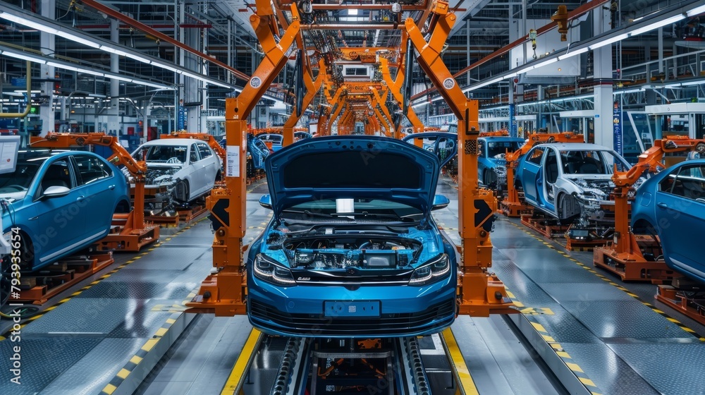 Robotic assembly line in a car factory with vehicles in production ...