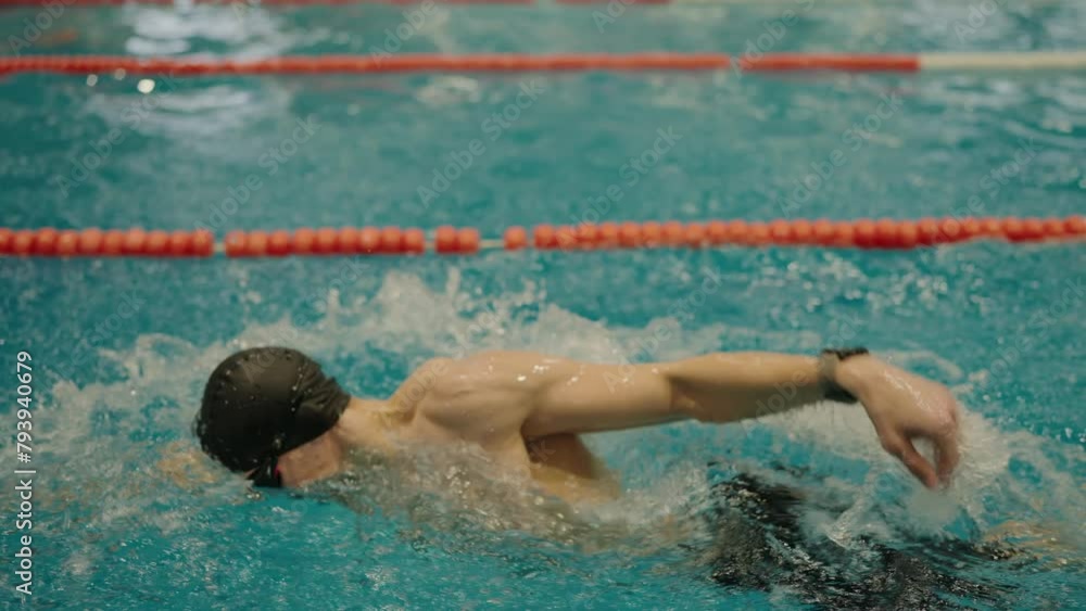 Vidéo Stock Athlete in Cap Swimming Freestyle in Competitive Pool. A ...