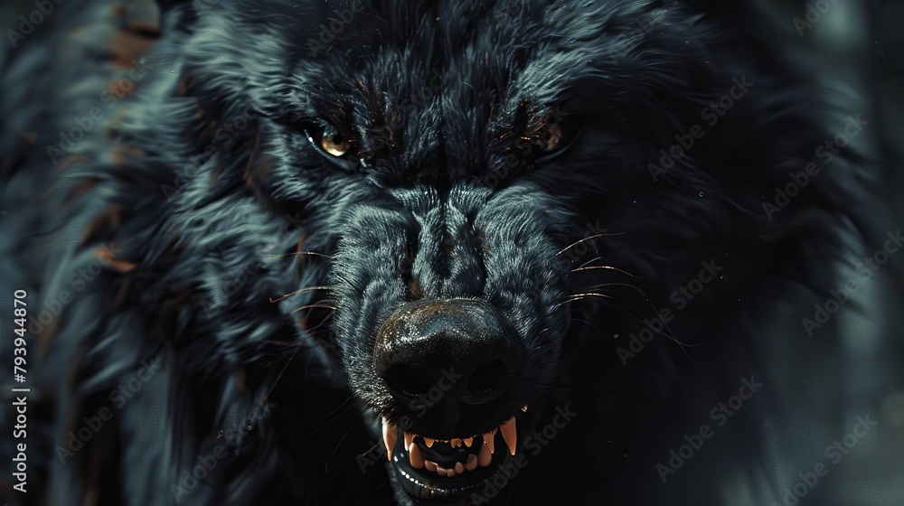 closeup of menacing werewolf face evil looking black wolf with sharp ...