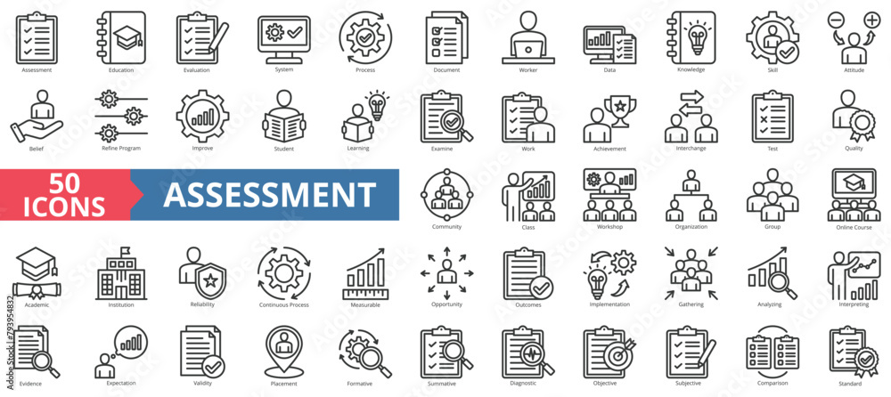 Assessment icon collection set. Containing education, evaluation ...