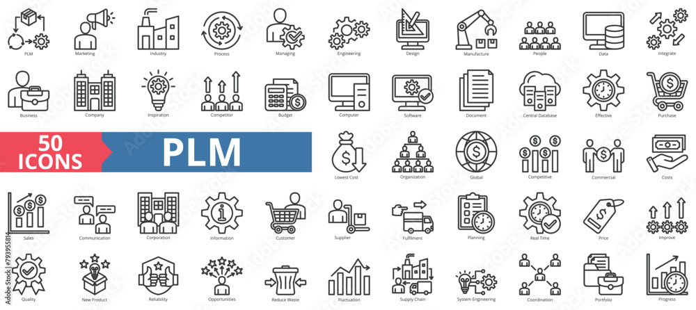 PLM icon collection set of product lifecycle management. Containing ...
