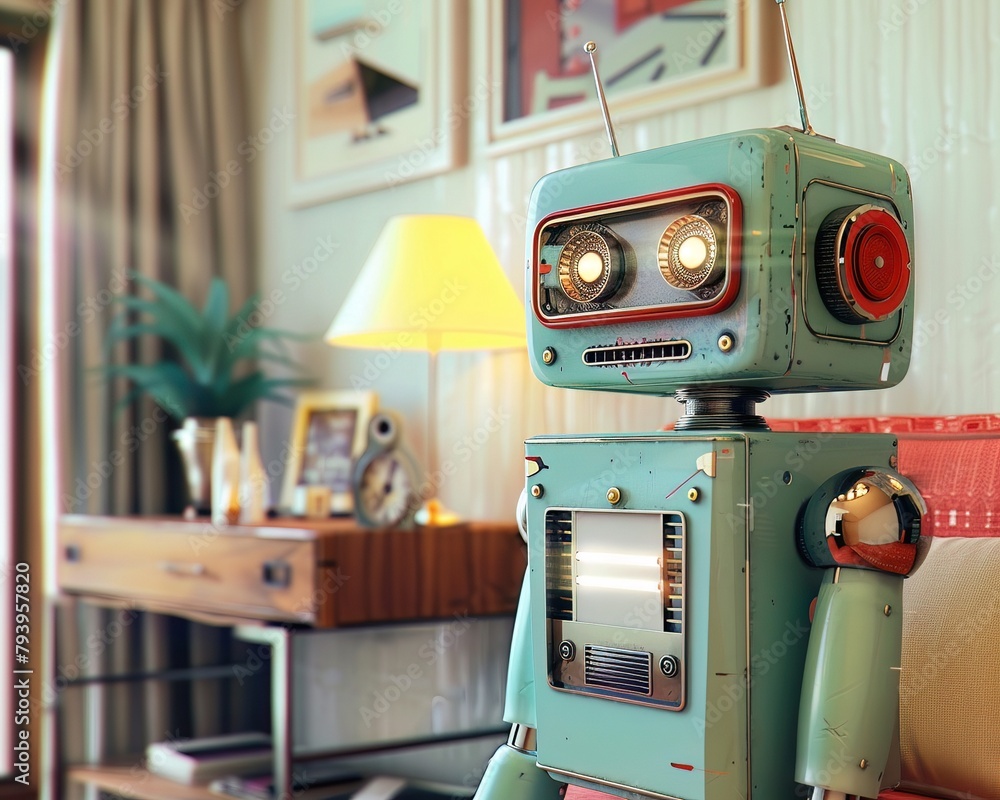 1950s style robot with touch screen interface helping in a modern home ...