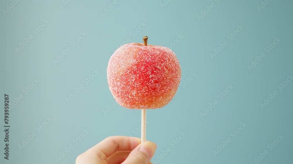 Visual capture of a hand showcasing a sugar-coated apple on a stick ...