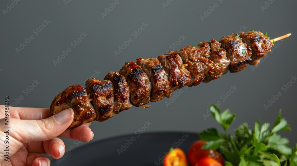 Elegant presentation of a Turkish meat kebab held by a hand, showcased ...