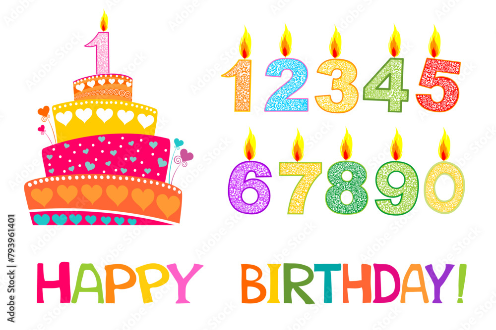 Candles on birthday cakes with age numbers from one to ten, isolated ...