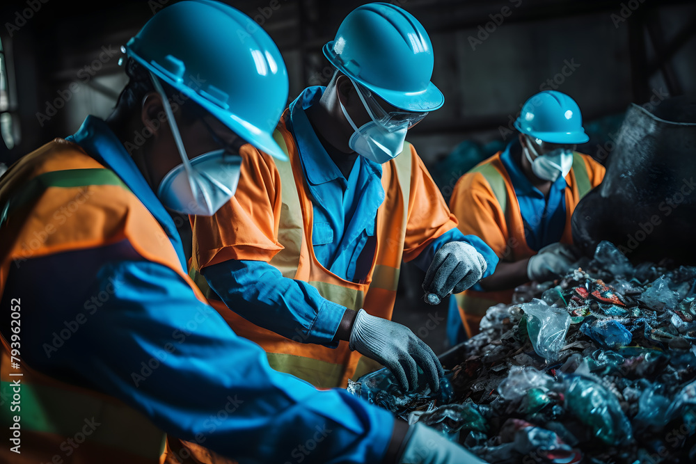 Recycle worker in gloves, sorting one time used plastic bottles and tin ...
