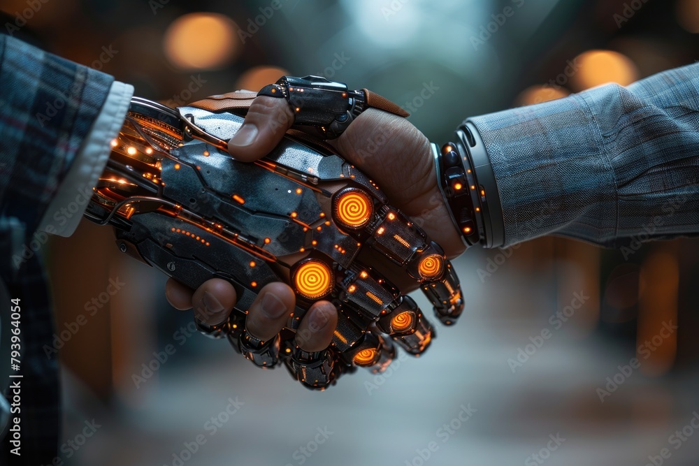A human hand and a robotic hand engage in a handshake against an ...