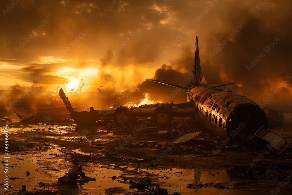 Aftermath of an airfield tragedy, with the urgent glow of a burning ...