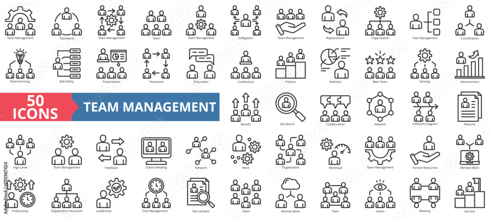 Team management icon collection set. Containing teamwork, delegation ...