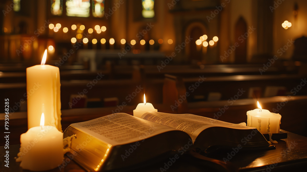 Bible laid on a church altar, surrounded by candles, during a serene ...