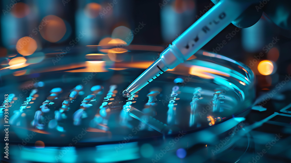 Biotechnology researcher using a pipette to transfer genetic material ...
