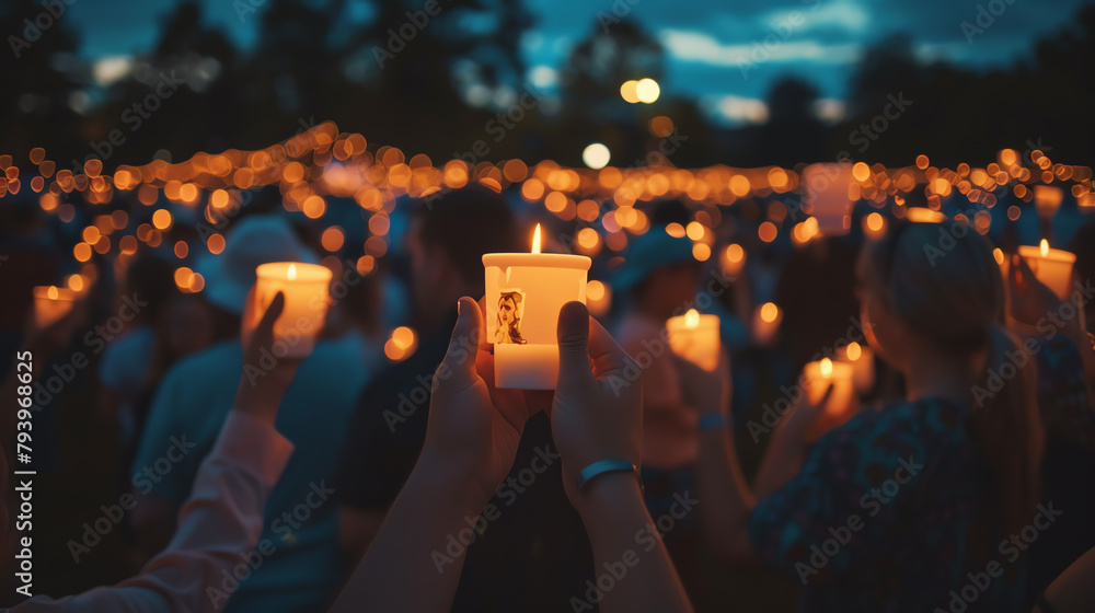 Candlelight vigil at dusk with people of all ages, holding candles as a ...