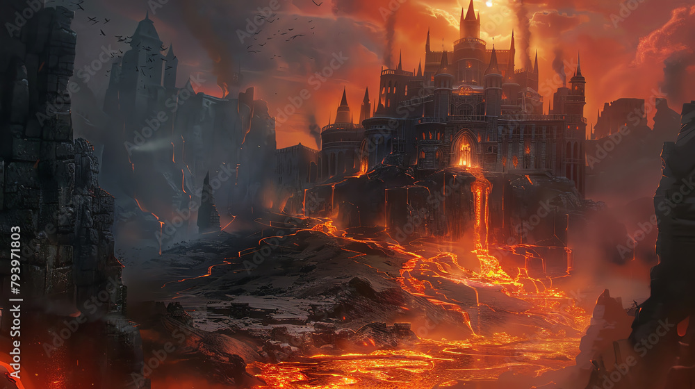 Concept art for a fantasy video game showing the Devil's castle perched ...