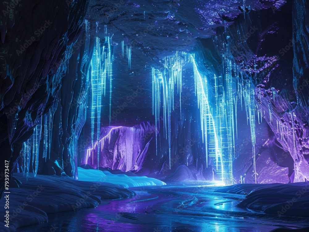 Frozen Gemstone Walls in Glowing Ice Cave Exploration Scene With ...