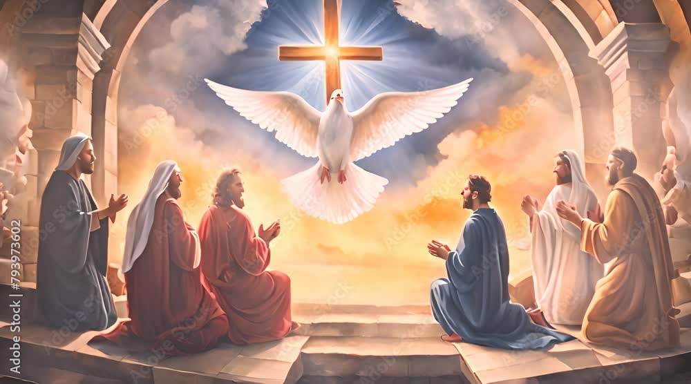 Watercolor illustration Descent of the Holy Spirit on the Apostles ...