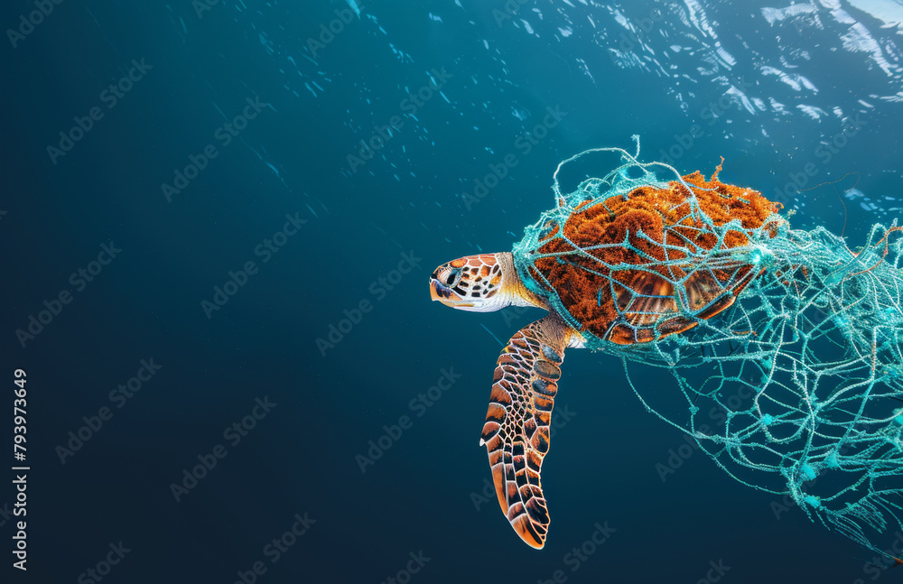 Tortue marine prise dans les mailles d'un filet de pêche dû à la ...