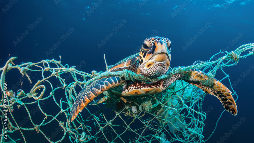 Tortue marine prise dans les mailles d'un filet de pêche dû à la ...