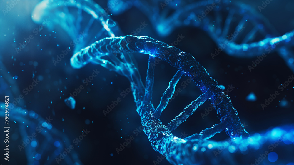 Dark science background with a dynamic arrangement of blue DNA strands ...
