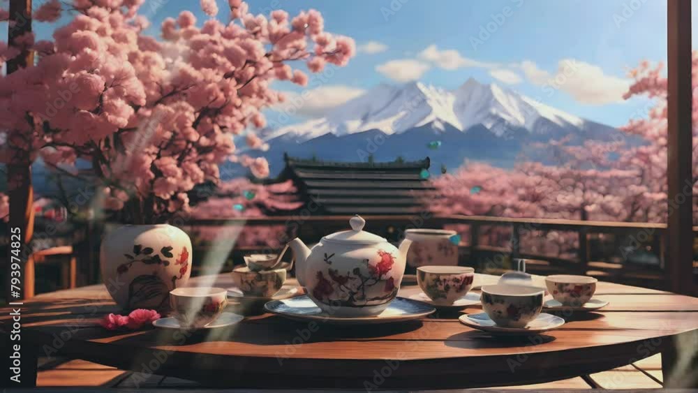 wooden table for a traditional Japanese tea party with a panoramic view ...
