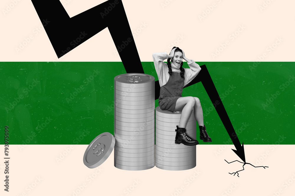 Trend artwork sketch collage of young lady suffer headache hold hand sit on huge pile coins ...