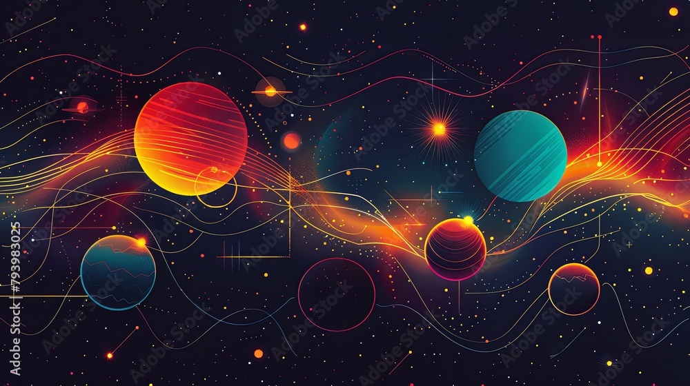 Vibrant digital artwork of a stylized space scene with undulating ...