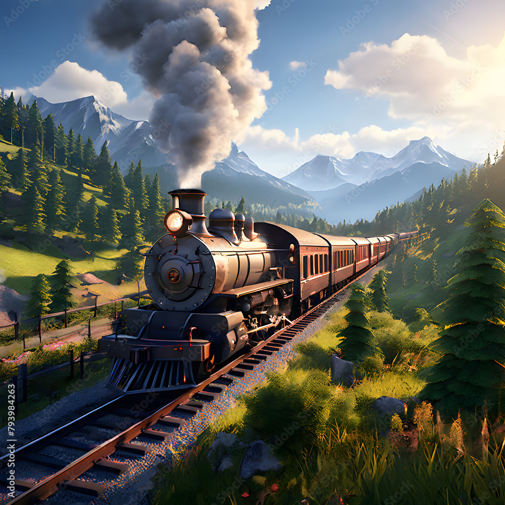 Image scene depicting a scenic train ride through rolling hills and ...