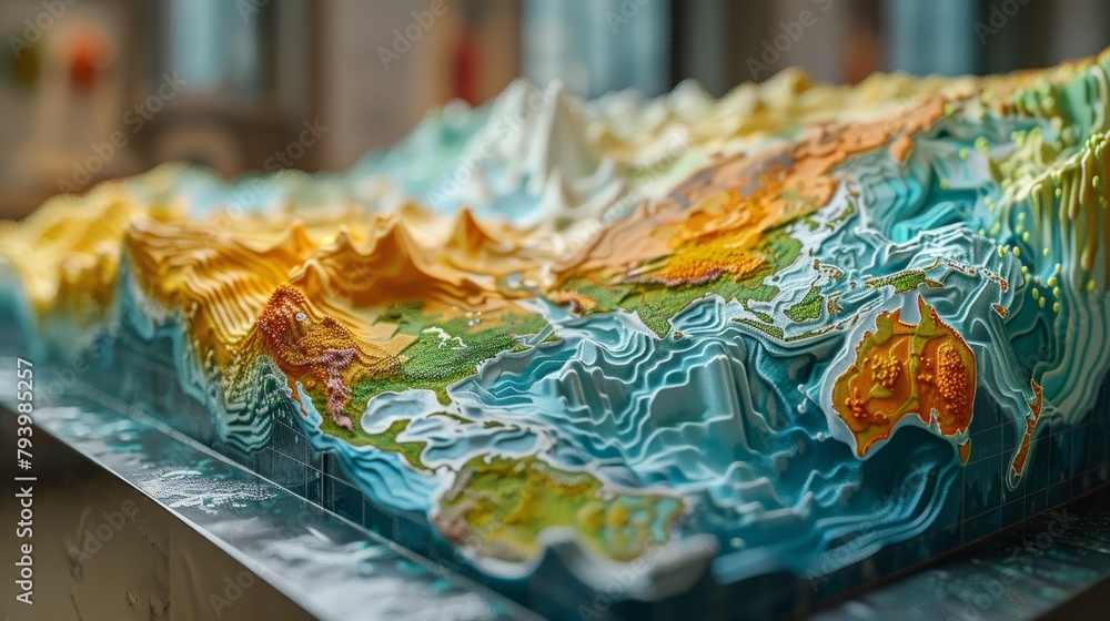 A 3D printed topographic map displaying vibrant colors to depict ...