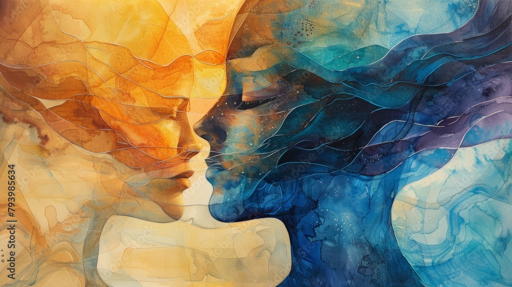 A watercolor painting illustrates the juxtaposition of two faces with ...