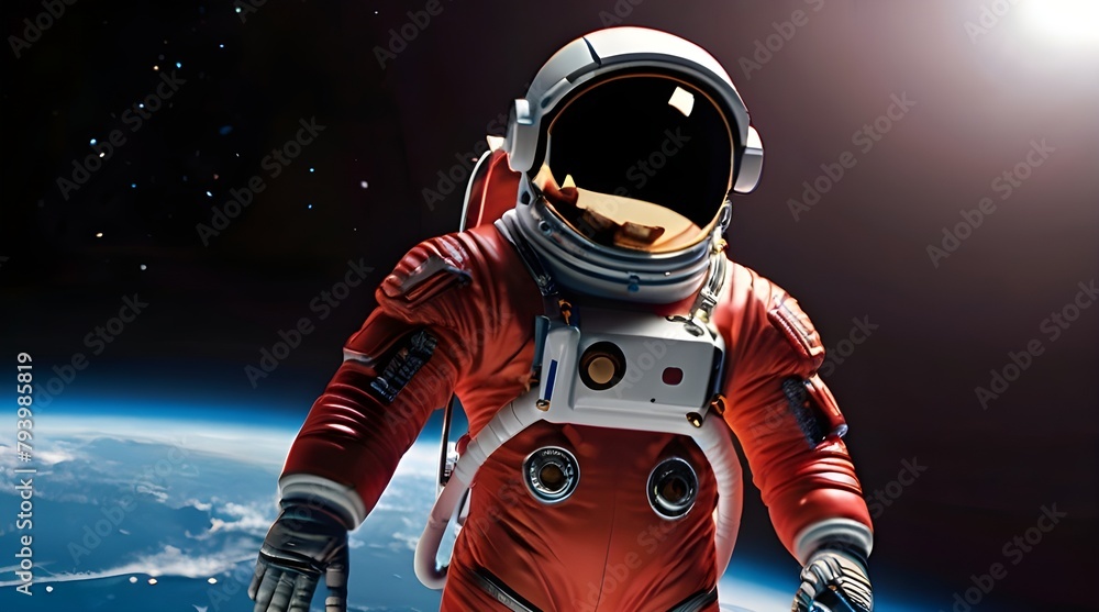 Illustration of the full body pose of an astronaut wearing a red super ...