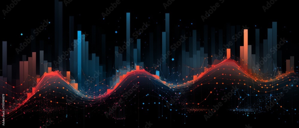 Dark abstract representation of big data analysis, flowing charts and ...