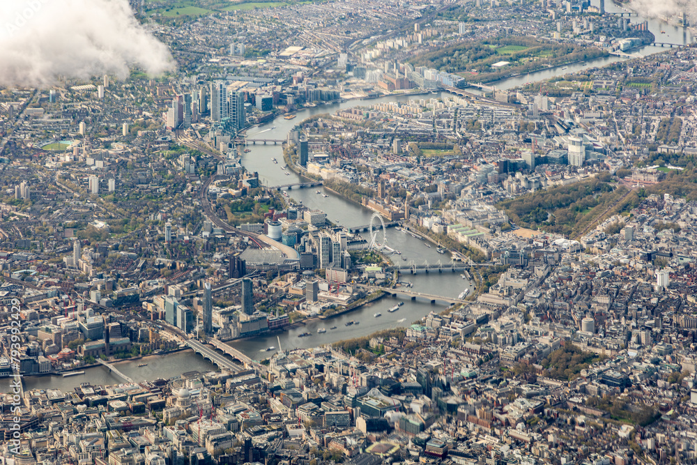 High aerial view of downtown city of London, with river Thames, the ...