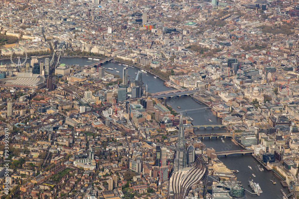 High aerial view of downtown city of London, with river Thames, the ...