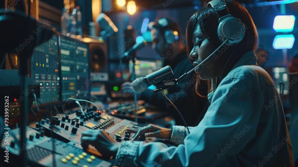 A behind-the-scenes glimpse of a woman radio host and her male guest ...