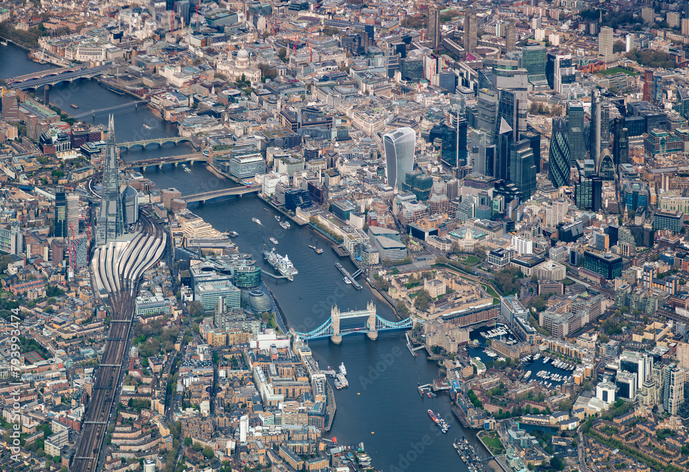 High aerial view of downtown city of London, with river Thames, the ...