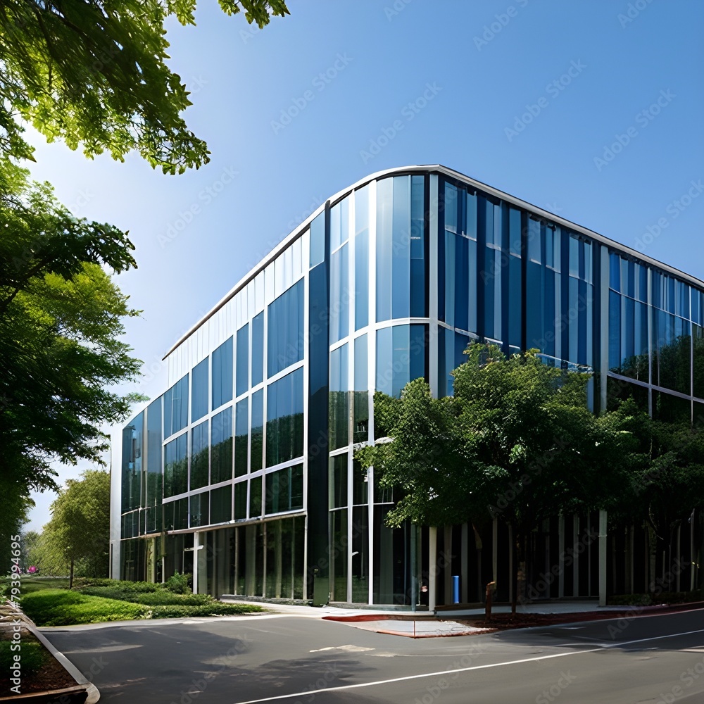Vector art of a large glass building, trees, and street on a sky blue ...