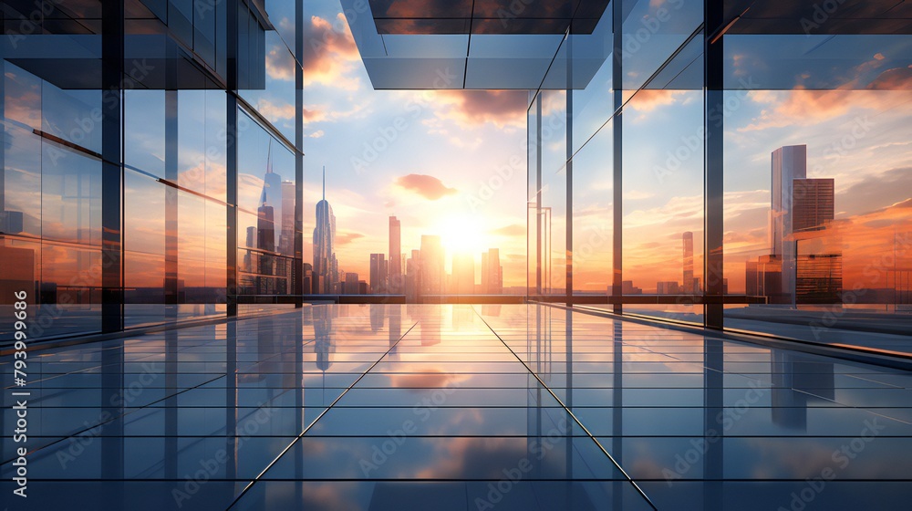 Morning view to the perspective glass building in a 3D render ...