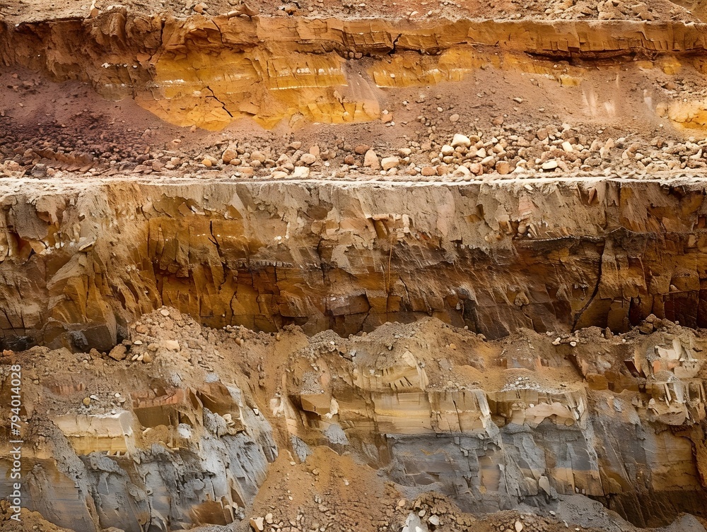 Exposed geological layers in an arid landscape revealing the natural ...