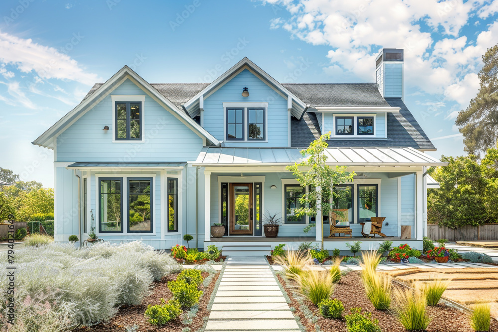 Foto de A modern powder blue craftsman cottage style home, featuring a ...