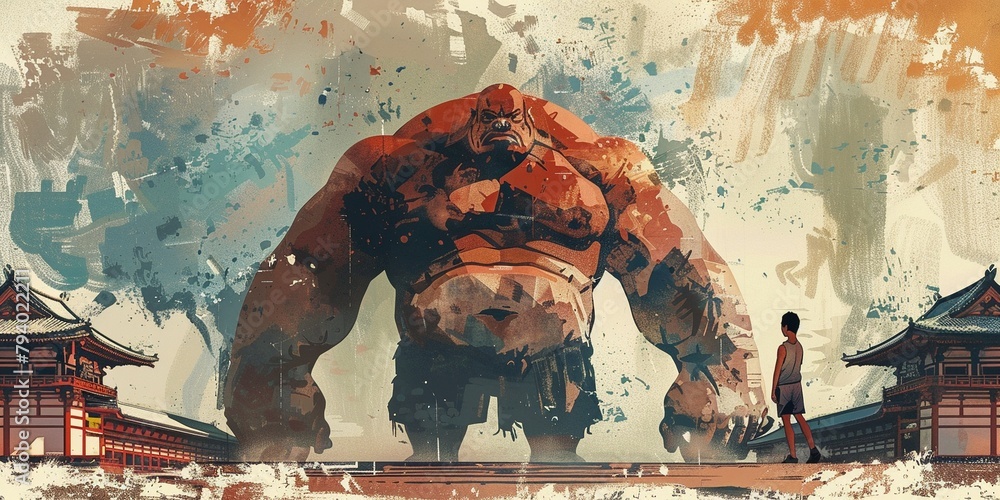 Tiny man vs big Japanese sumo fighter. Vector artwork depicts a small ...