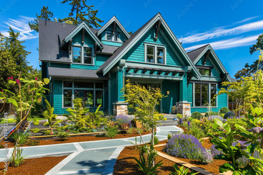 A newly built, vivid teal craftsman cottage style home, with a triple ...