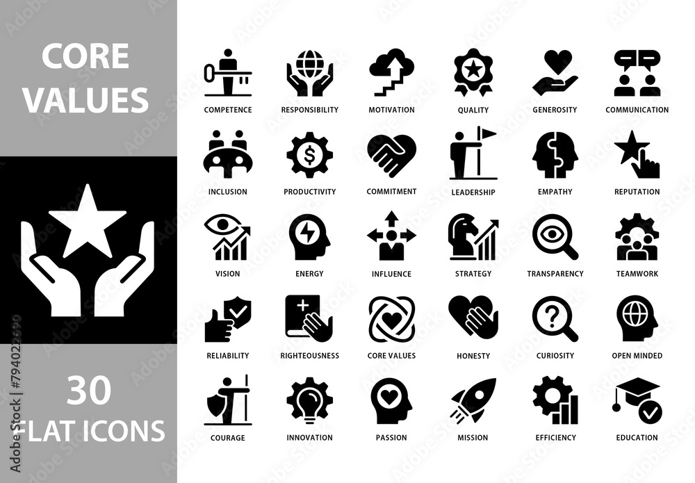 Core Values Black and White Flat Icons Set Stock Template | Adobe Stock