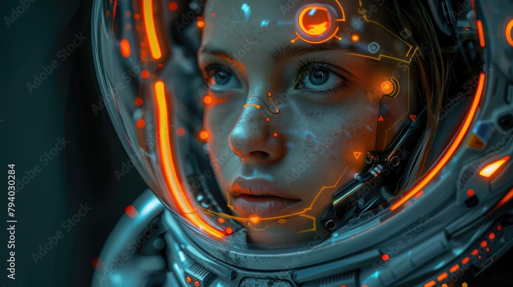 Post-apocalypse futuristic poster on a clean dark background robot girl ...