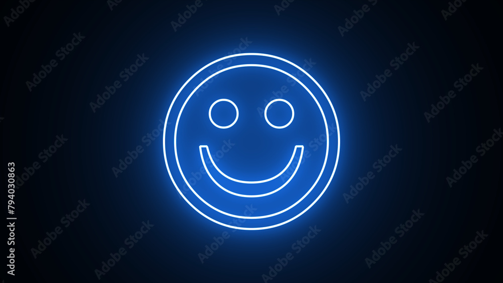 Glowing blue neon smile face emoticon symbol blinking. Happy emoji ...
