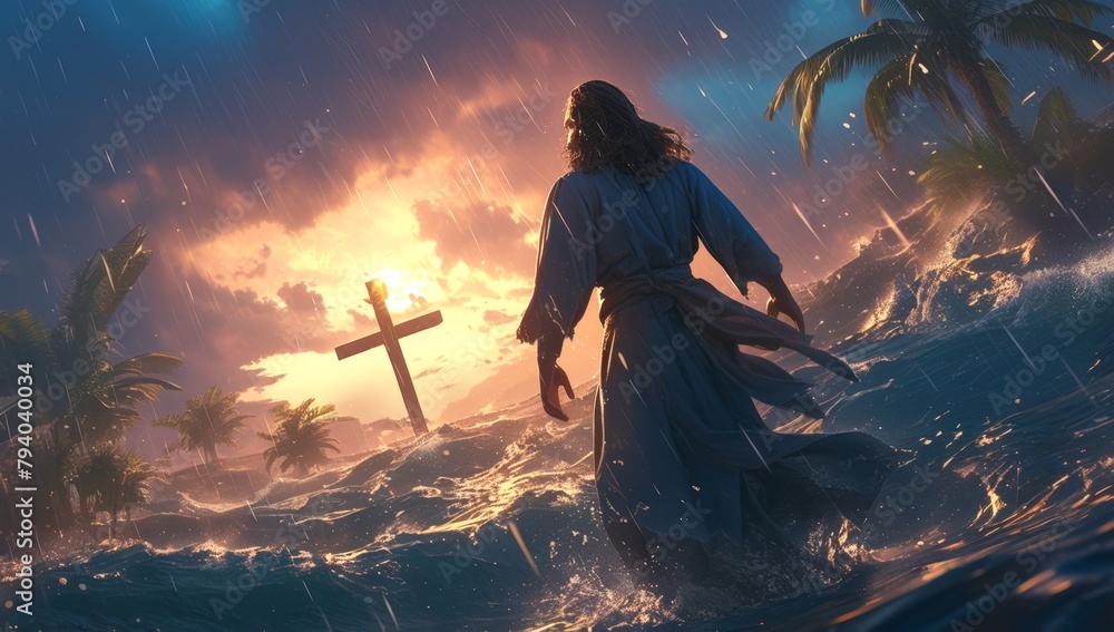 Jesus walks on water during storm at sea, waves ocean, miracle, 4k ...